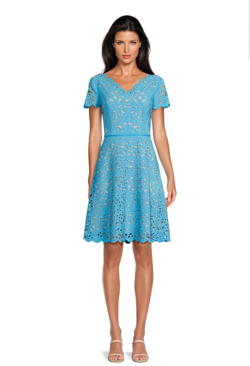 Buy Online FOCUS by Shani — V-Neck Laser Cut Fit & Flare Dress in ...