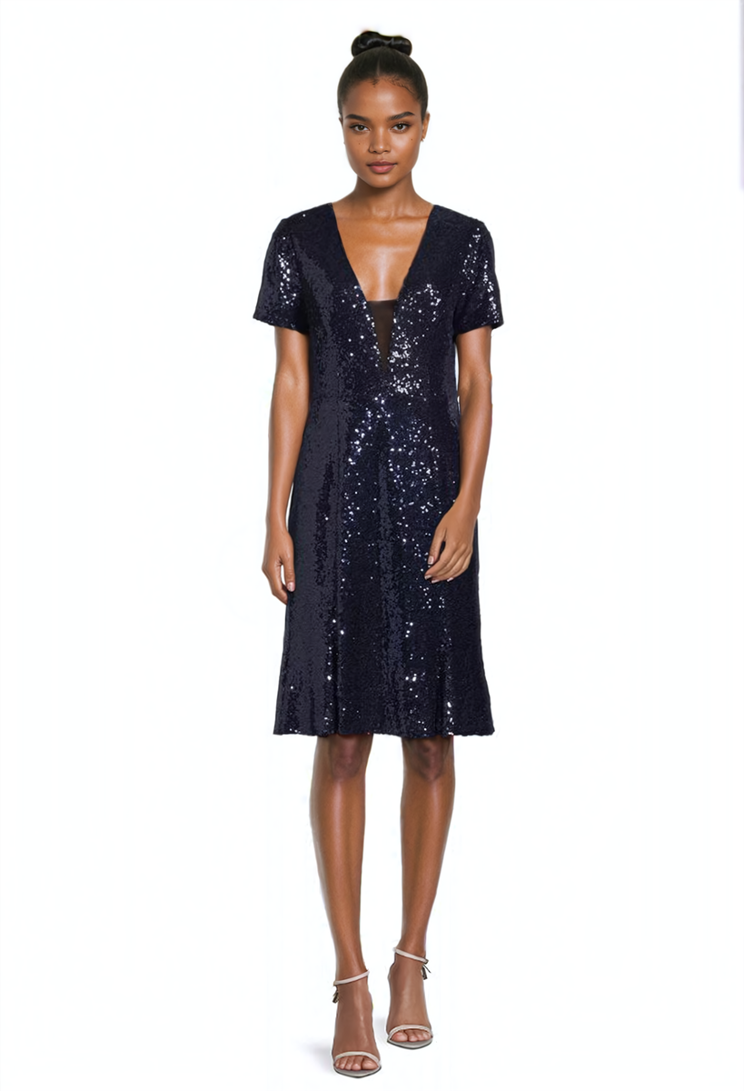 Buy Online V-Neck Sequin Fit and Flare Dress in Navy for Women | Shani ...