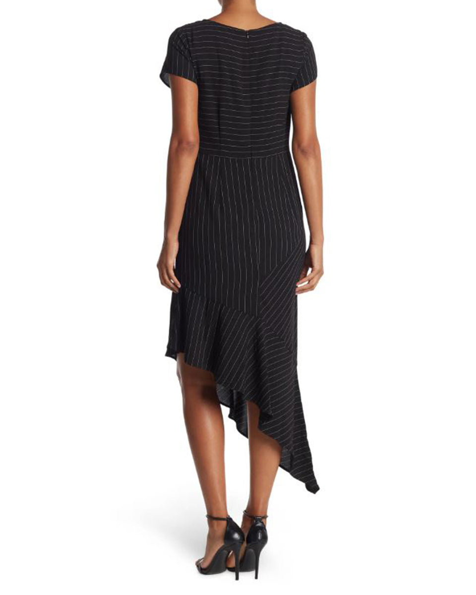 Buy Online FOCUS by Shani — Pinstripe Asymmetrical Ruffle Hem Dress in ...